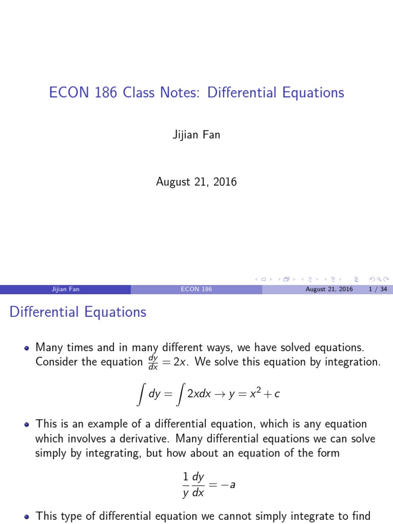ECON 186 Class Notes: Differential Equations: Jijian Fan | PDF ...