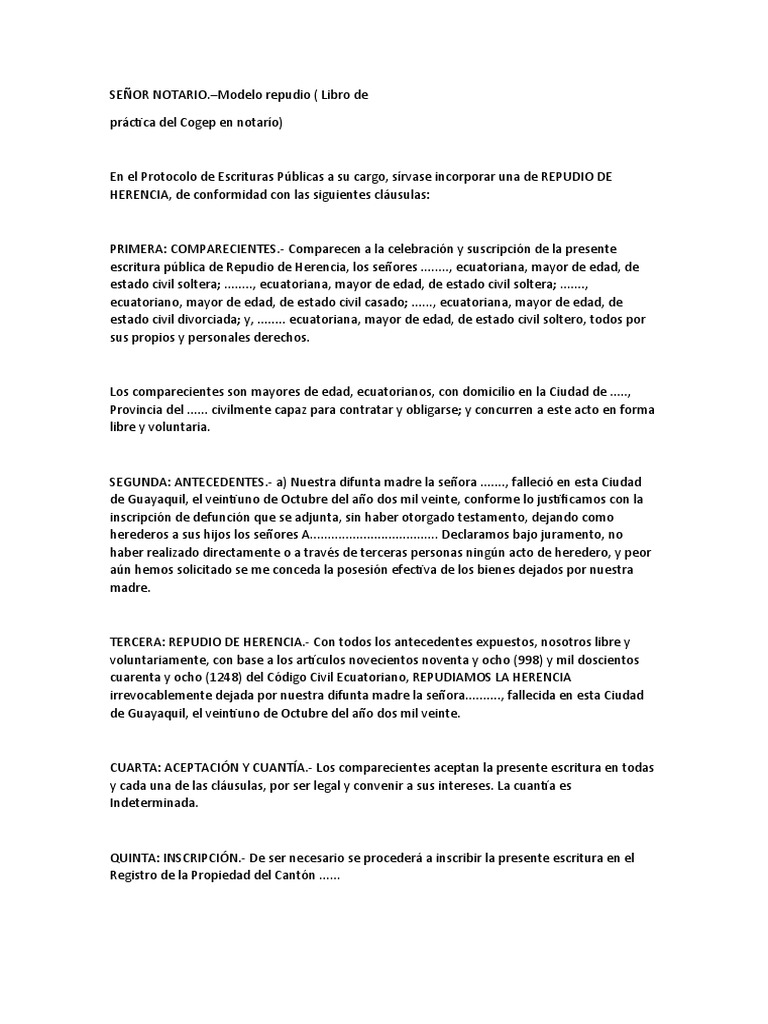 Modelo De Repudio De Herencia Pdf