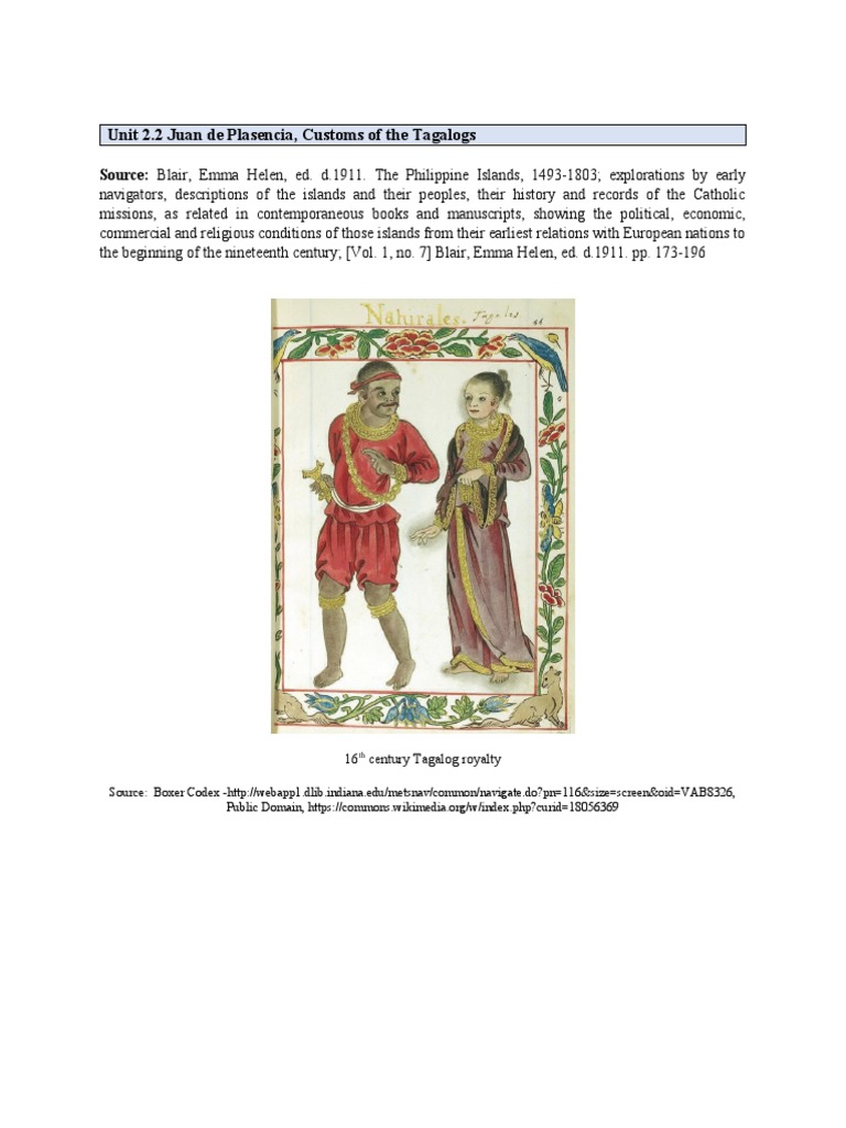 M1 UNIT 2.2 Customs of The Tagalogs by Juan de Plasencia | PDF | Wife | Marriage