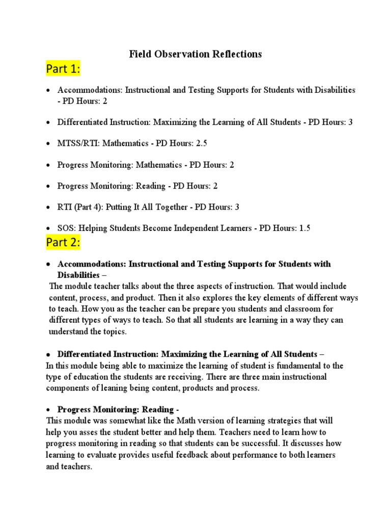 Field Observation Reflections | PDF | Differentiated Instruction | Educational Assessment