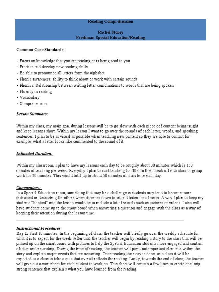 Reading Comprehension Rachel Storey Freshman Special Education/Reading ...