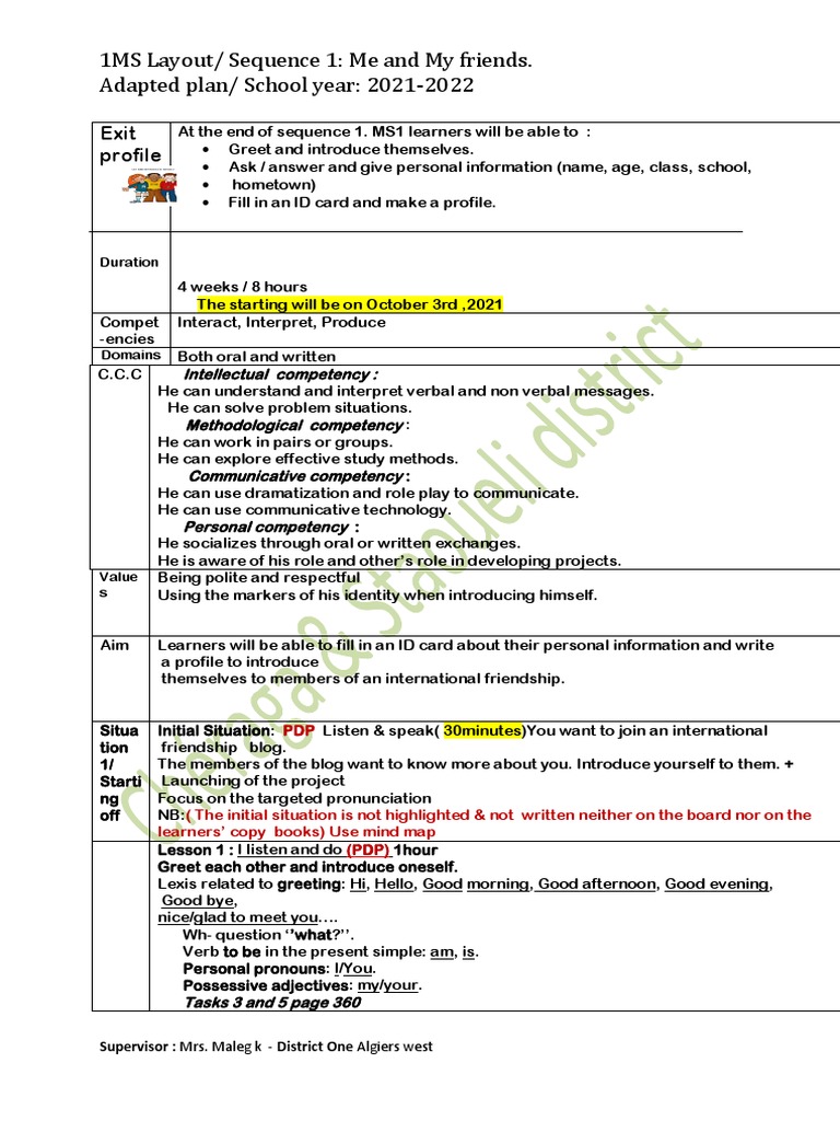 1MS Layout/ Sequence 1: Me and My Friends. Adapted Plan/ School Year ...