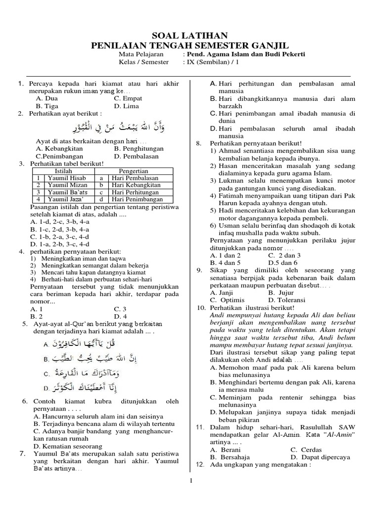 Soal Latihan Mid Semester 1 Kelas 9 | PDF