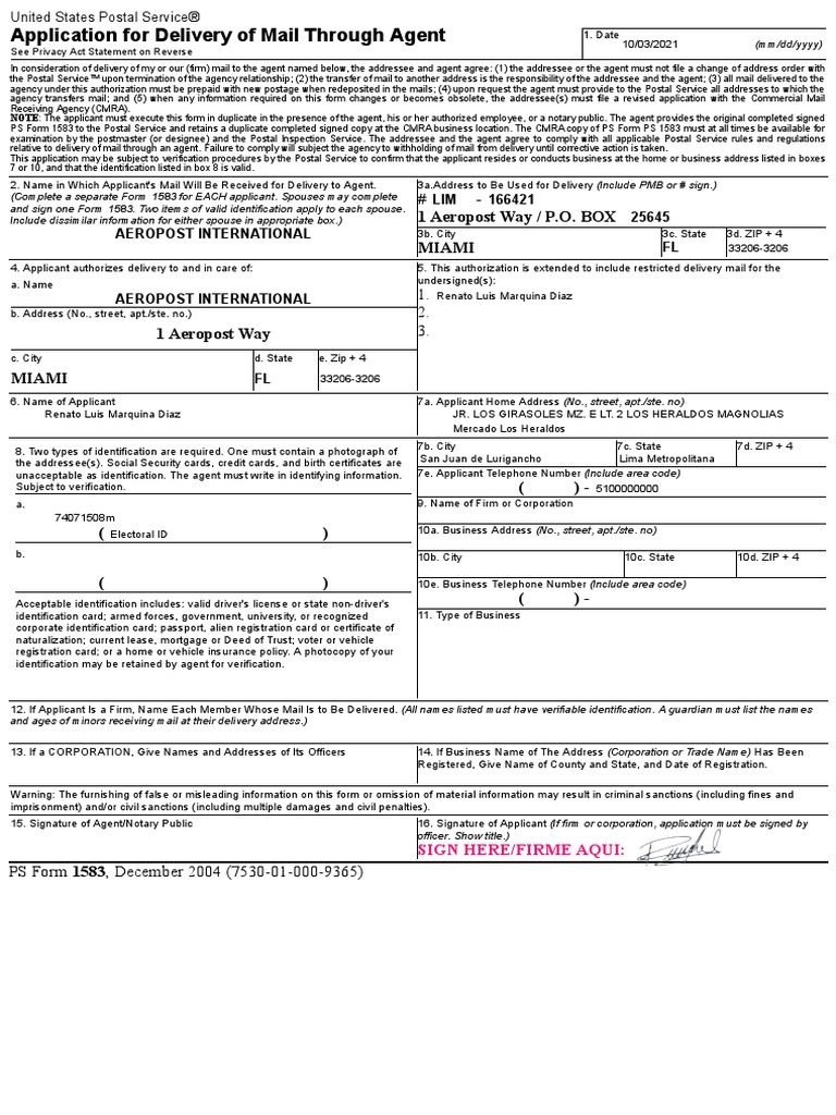 Application For Delivery of Mail Through Agent: # - 1 Aeropost Way / P ...