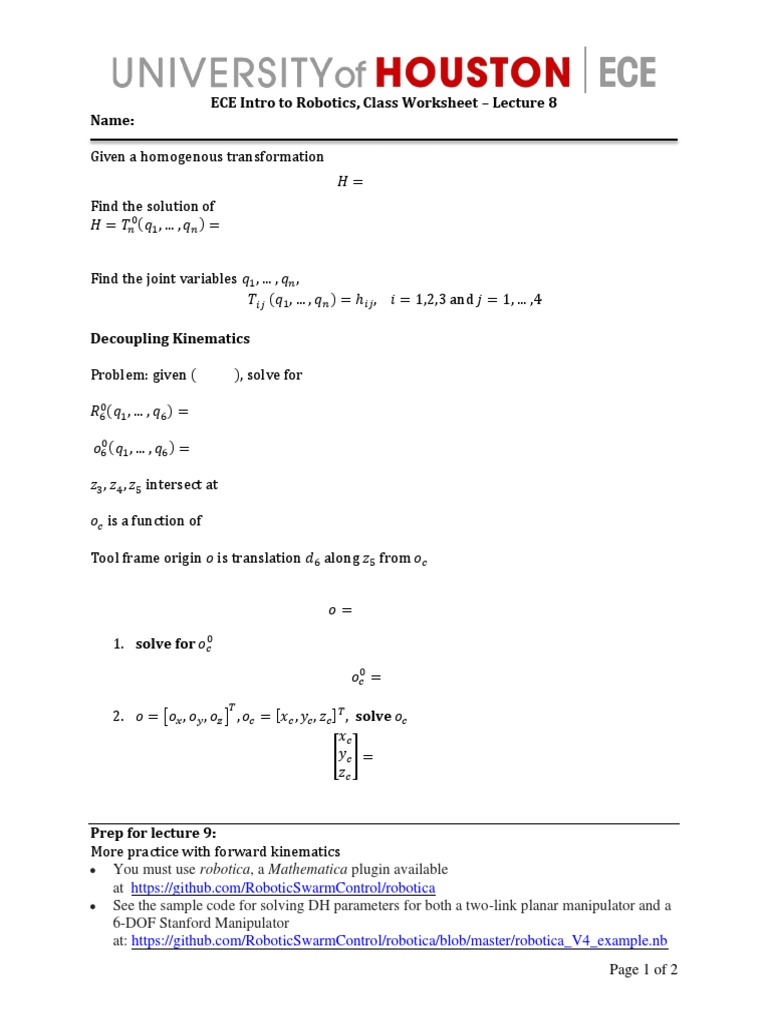 ECE Intro To Robotics, Class Worksheet - Lecture 8 Name | PDF | Applied ...