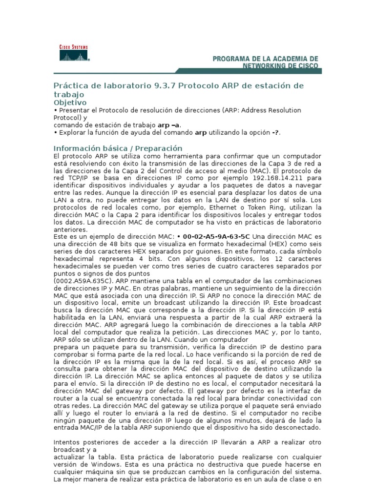 Práctica de Laboratorio 9 3 7 Protocolo ARP Estacion de Trabajo | Descargar gratis PDF ...