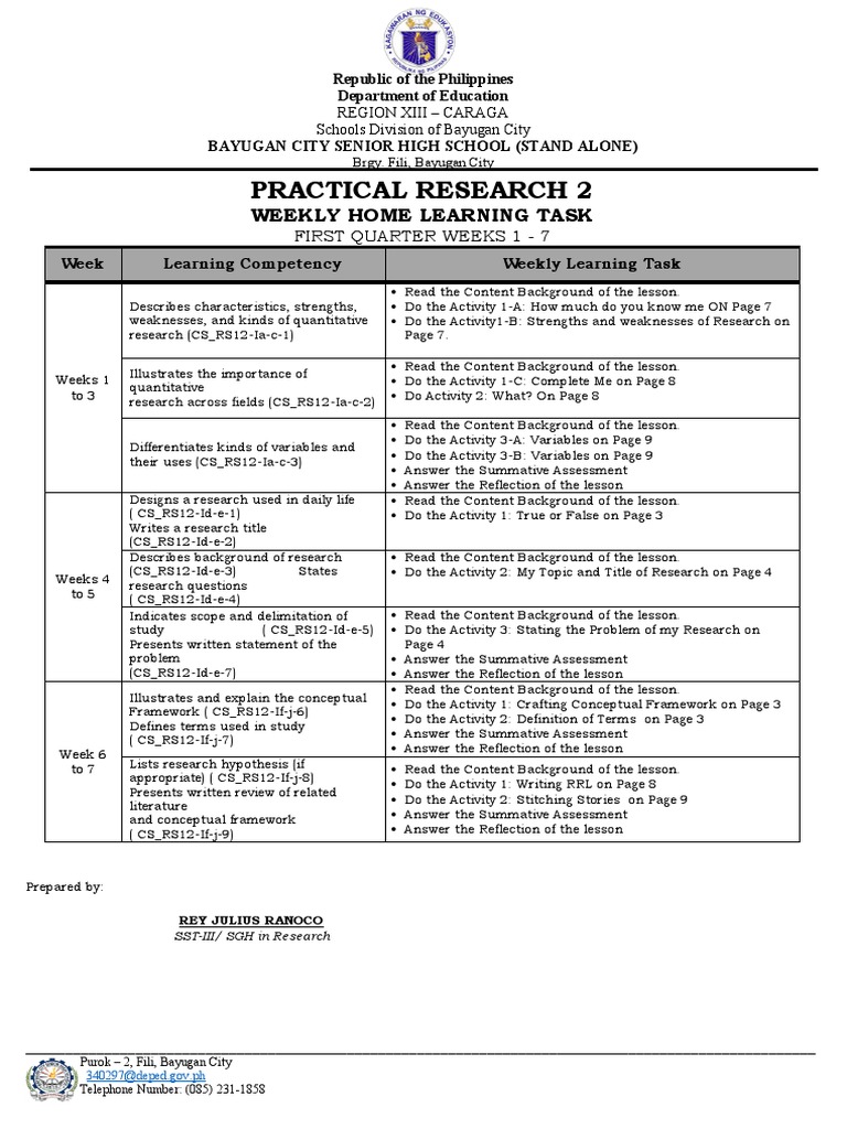 Practical Research 2 Weekly Home Learning Task | PDF | Methodology ...