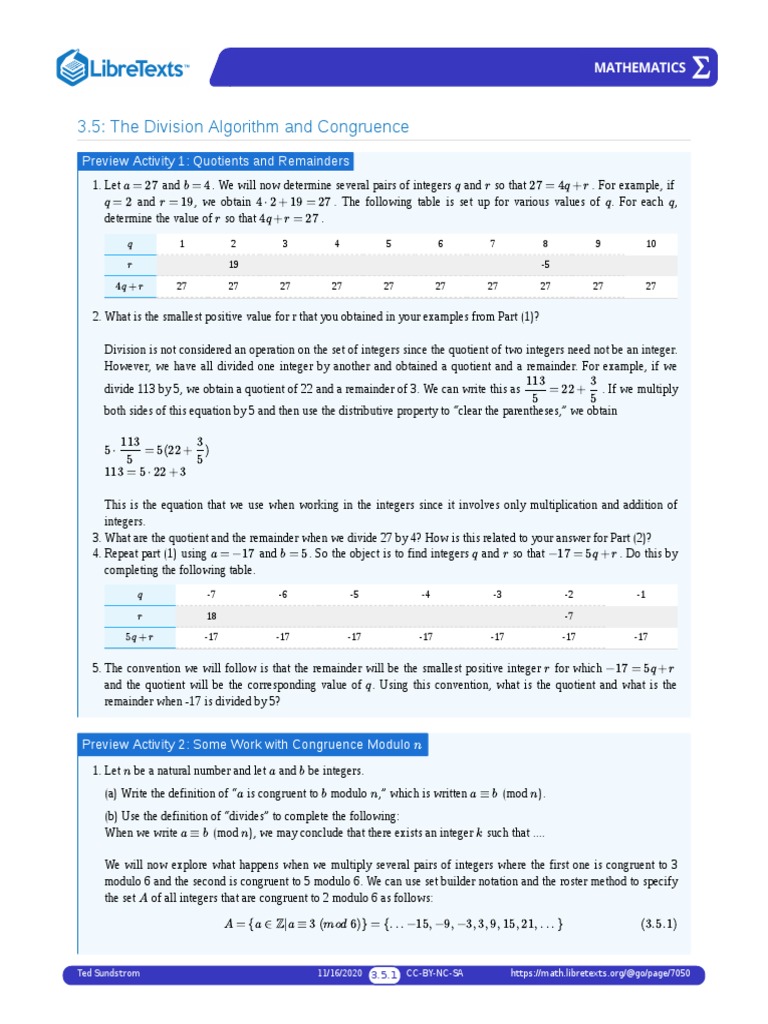 3.5: The Division Algorithm and Congruence: Preview Activity 1 ...