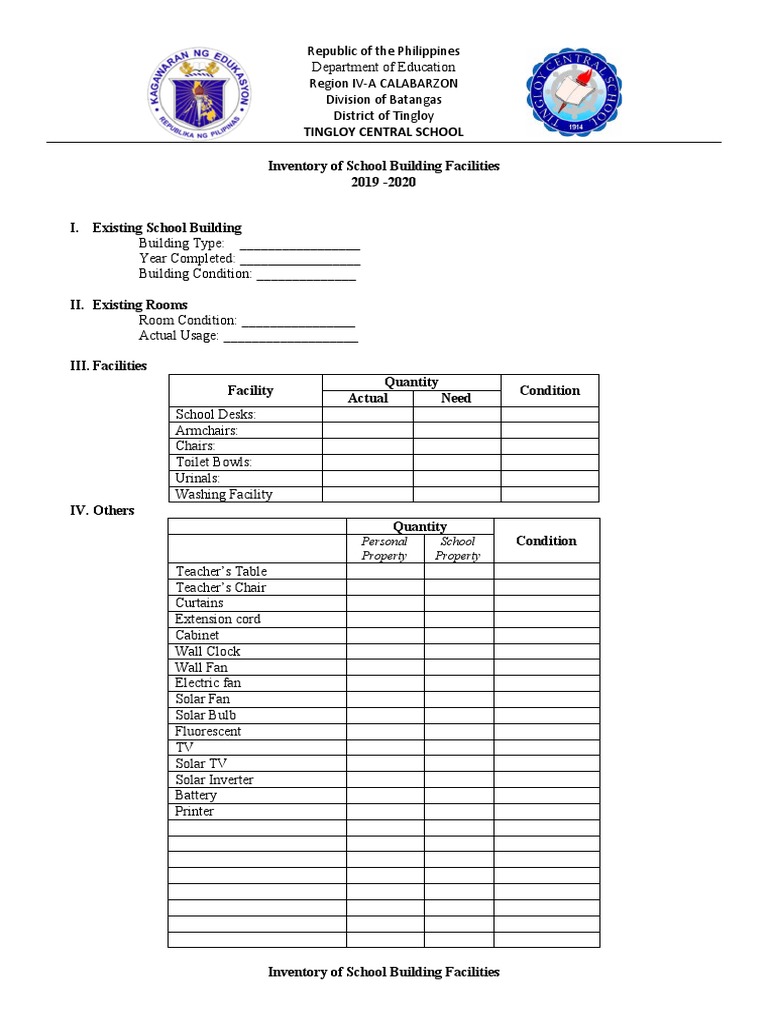 Tingloy Central School Inventory of School Building Facilities 2019 ...