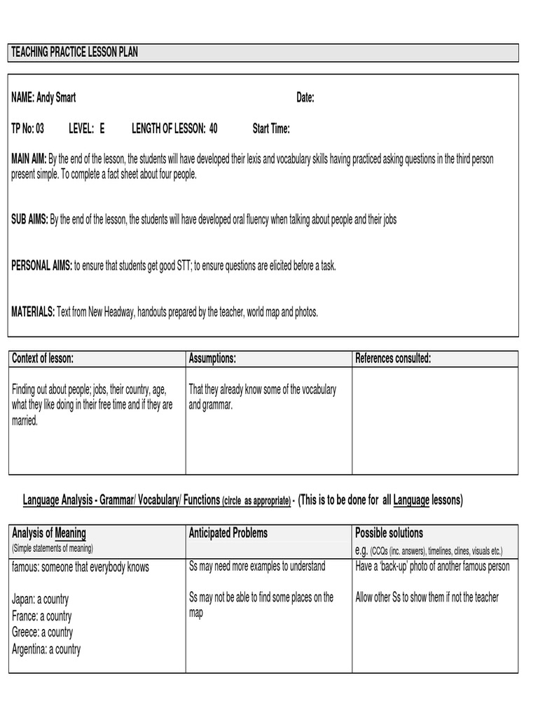 Lesson Plan 3 Celta Pdf Tone Linguistics Stress Linguistics