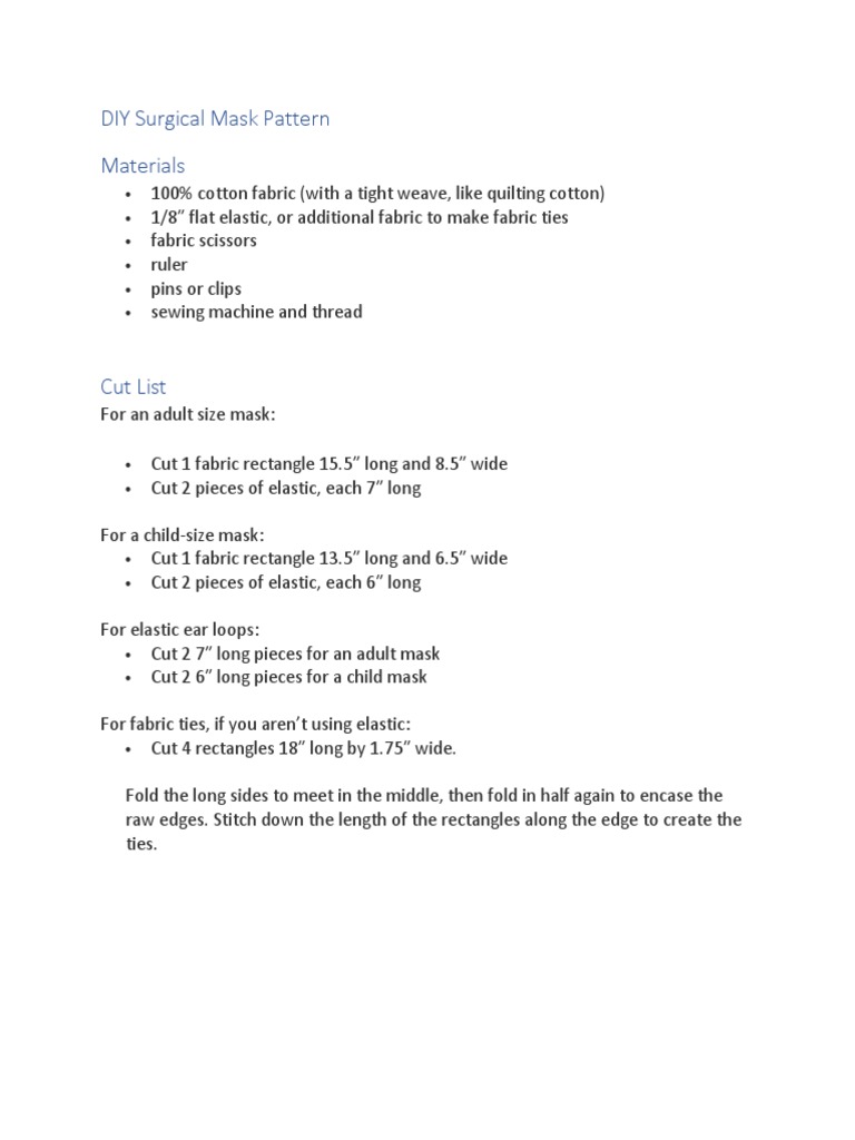 DIY Surgical Mask Pattern Materials | PDF | Seam (Sewing) | Sewing