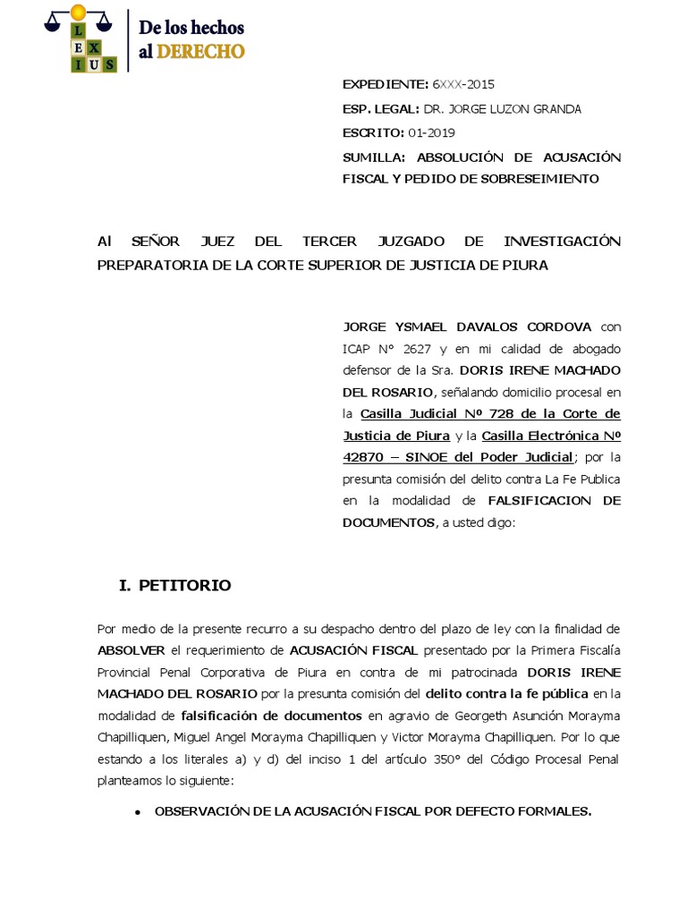 Modelo de Pedido de Sobreseimiento en El Delito Contra La Fe Publica en La Modalidad de ...