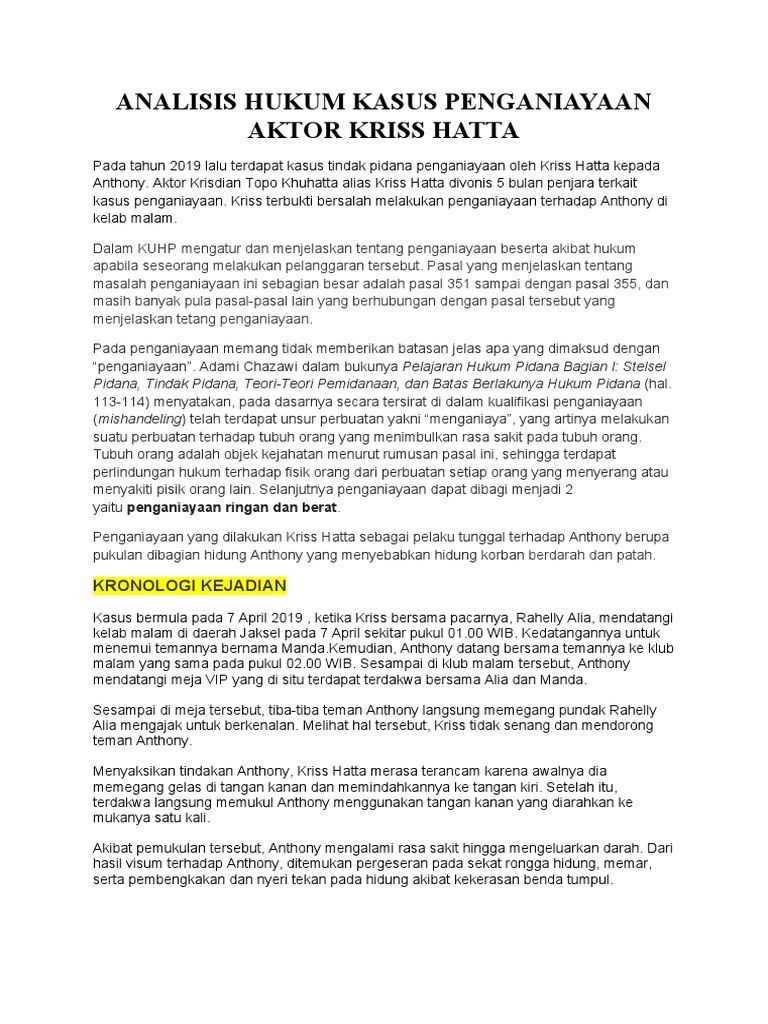 Analisis Hukum Kasus Penganiayaan Aktor Kriss Hatta | PDF