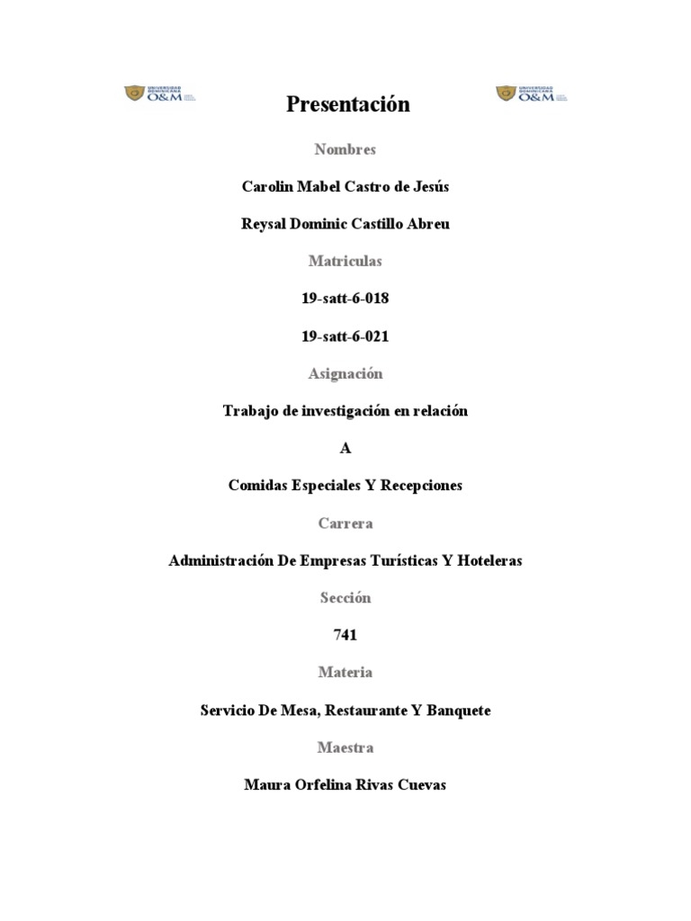 Comidas Especiales Y Recepciones Trabajo de Investigacion Carolin Y ...