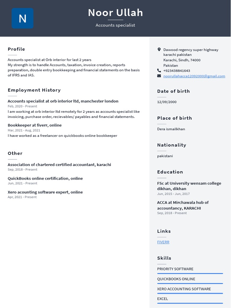 Noor-Ullah-Resume Fresh | PDF | Accounting | Financial Services