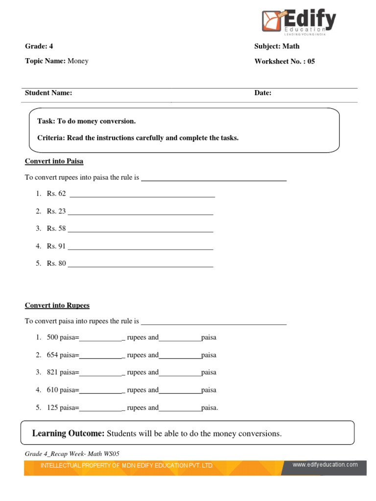 Grade: 4 Subject: Math Topic Name: Money Worksheet No.: 05 | PDF
