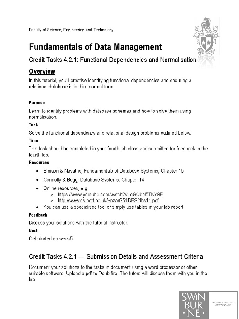 Fundamentals of Data Management: Credit Tasks 4.2.1: Functional Dependencies and Normalisation ...