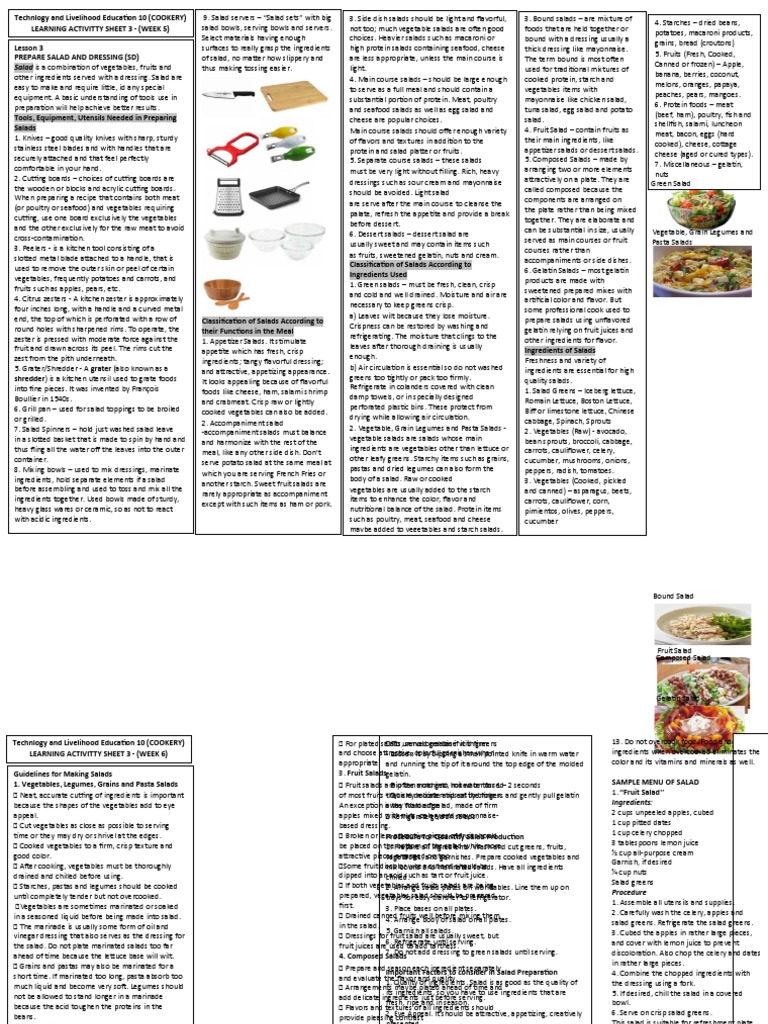 Grade 9-Cookery-Week 5 and 6 | PDF | Salad | Foods