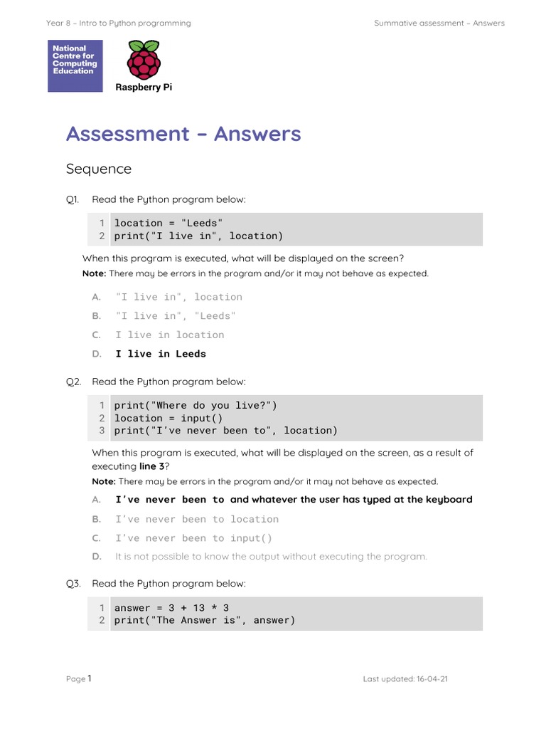 Summative Assessment Answers - Introduction To Python Programming - Y8 | PDF | Python ...