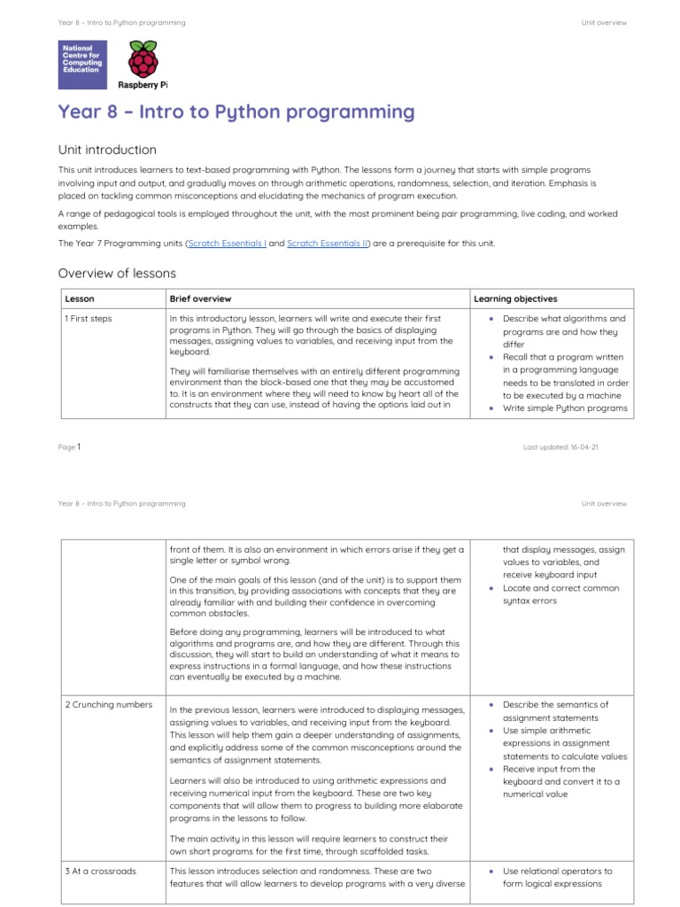 Unit Overview Intro To Python Programming Y8 Pdf Python 3128