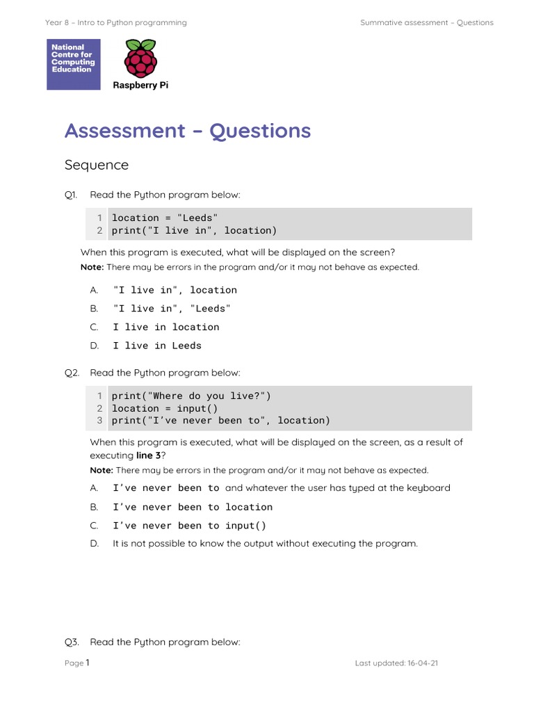 Summative Assessment - Introduction To Python Programming - Y8 | PDF ...