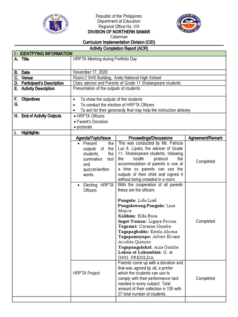 ACR of Classroom Meeting During Portfolio Day | PDF | Cognition | Behavior Modification