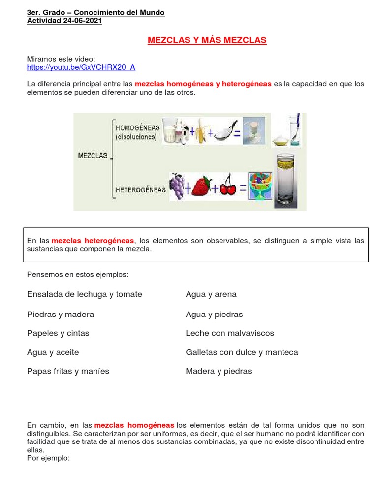 Actividad 26-08-21 Las Mezclas Homogéneas y Heterogéneas | PDF | Cocina ...