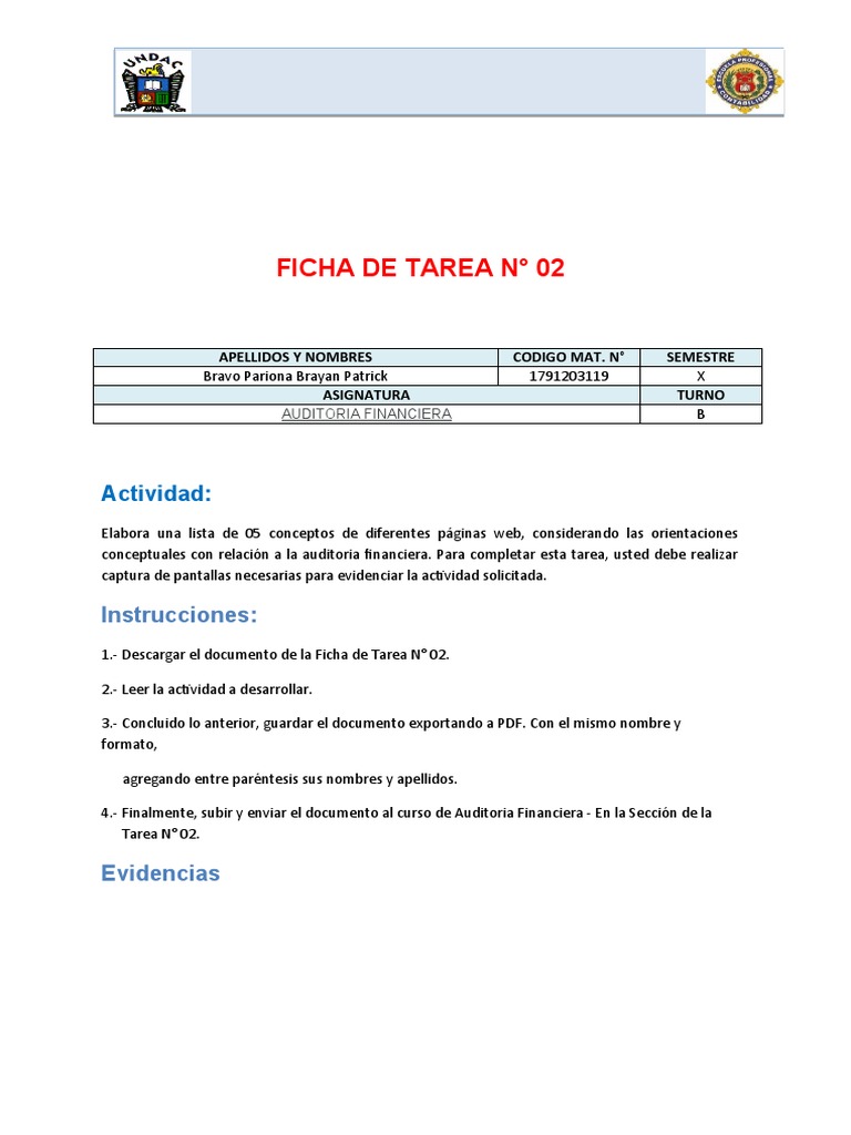 FICHA DE TAREA N°02 - Auditoria Financiera - X Semestre - Turno B (Bravo Pariona Brayan Patrick ...