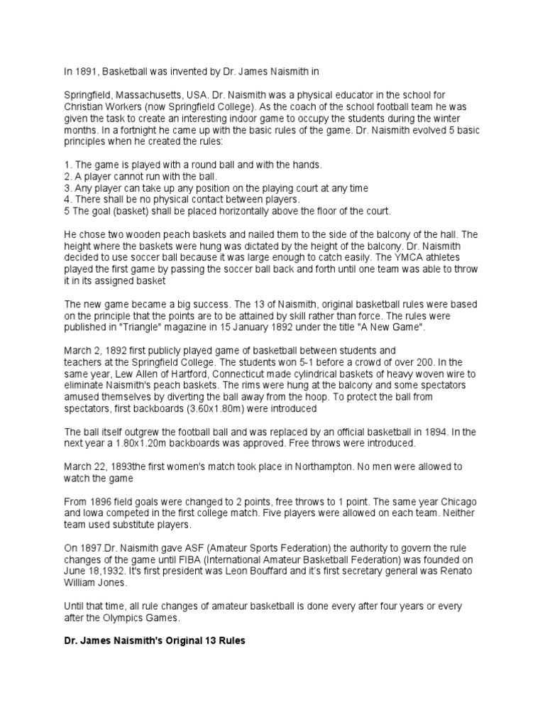 Naismith's Original 13 Basketball Rules | PDF | Basketball Positions ...
