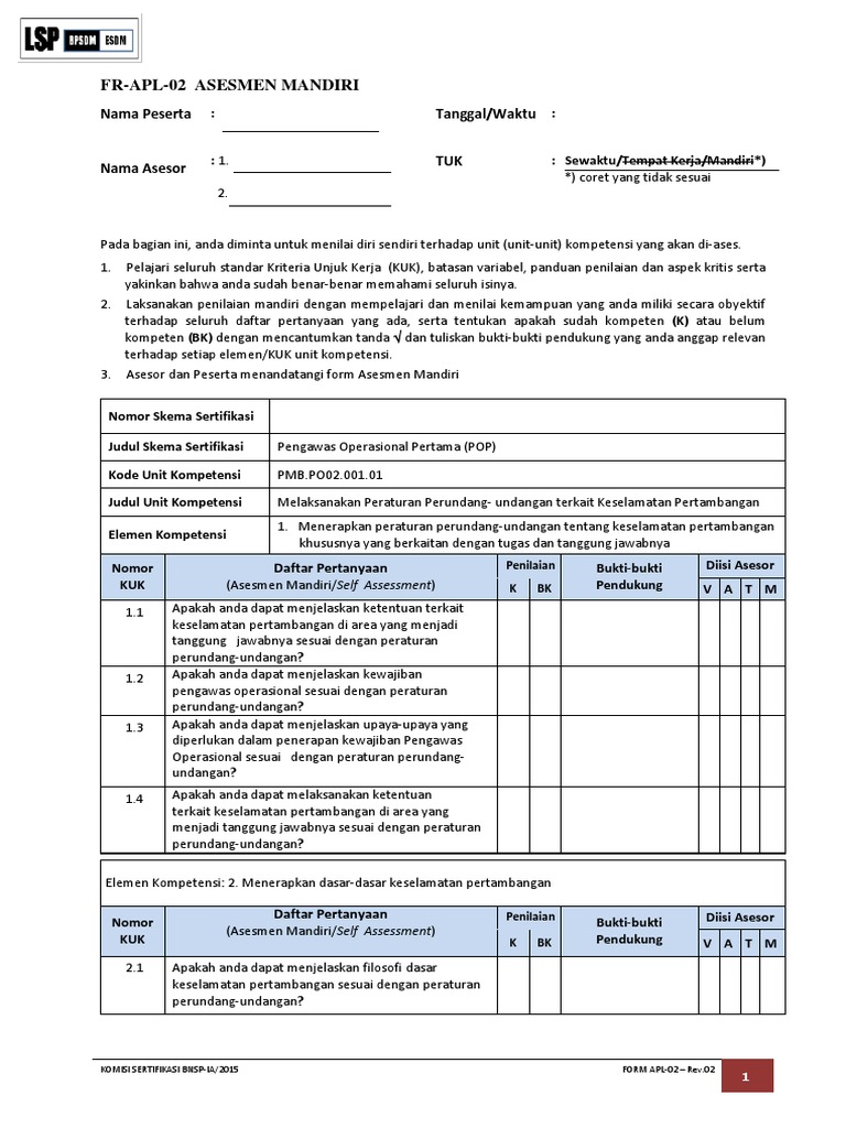 Form APL-02 Asesmen Mandiri Keselamatan | PDF | Pengelolaan Keuangan ...