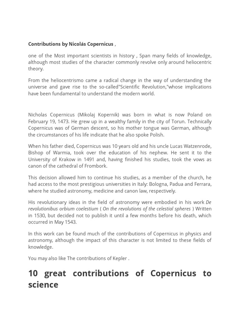 Science Contribution | PDF | Evolution | Nicolaus Copernicus