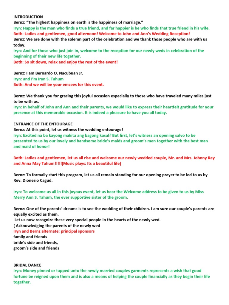 Wedding Reception Script | PDF | Wedding | Bride