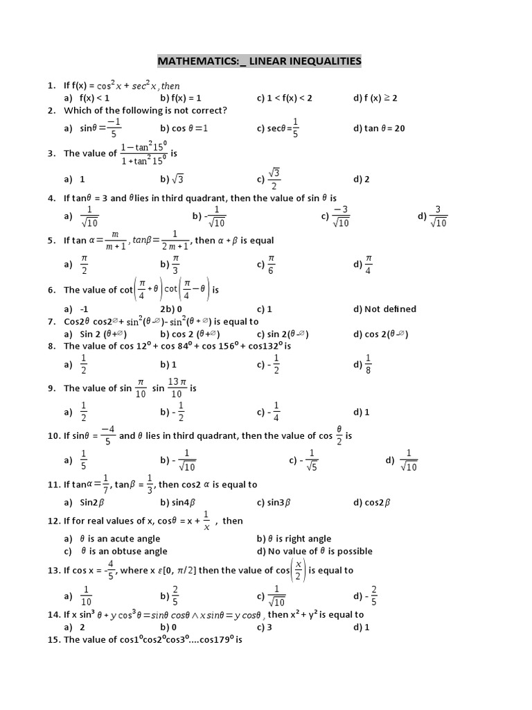 7 Mathematics - Linear Inequalities | PDF | Sine | Trigonometric Functions