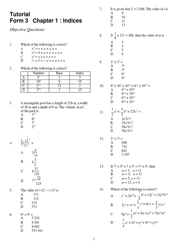 Tutorial Form 3 Chapter 1: Indices: Objective Questions | PDF | Length ...