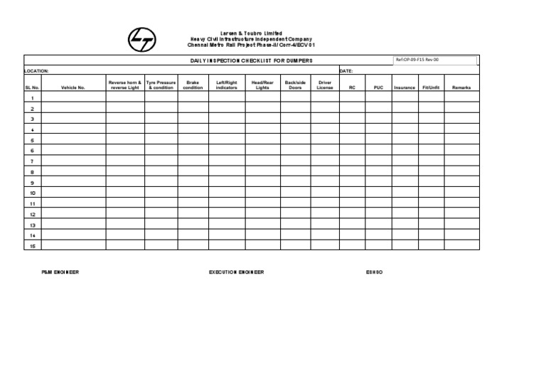 Op-09-F15 Daily Dumper Checklist | PDF