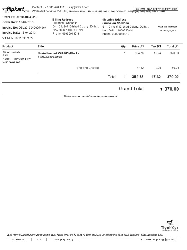 Flipkart Invoice | PDF | Taxes | Payments