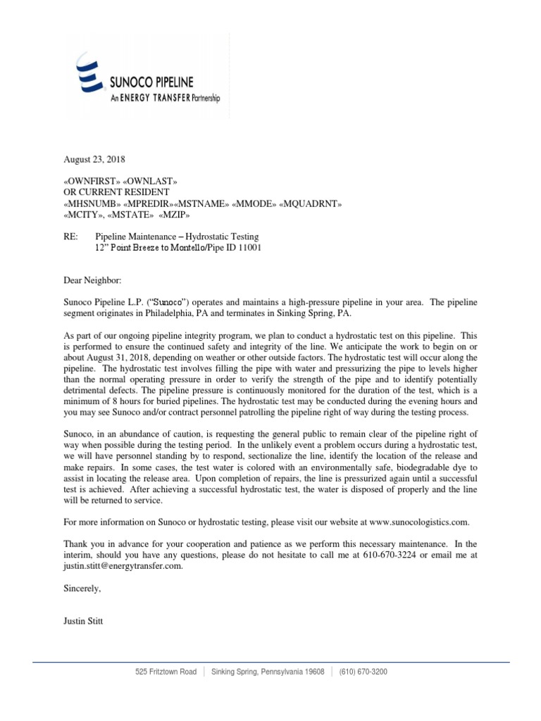 2018 08 23 Hydro Test Notification Letter | PDF