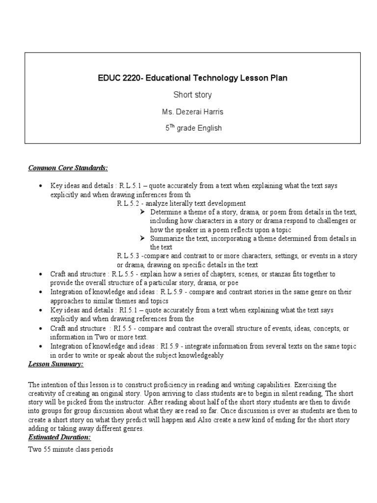Educ 2220 Lesson Plan - Short Story | PDF | Pedagogy | Educational ...