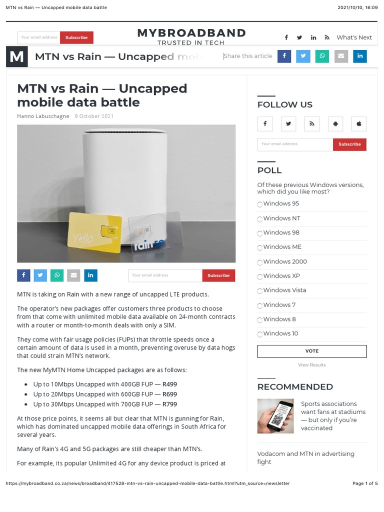 MTN Vs Rain - Uncapped Mobile Data Battle | PDF | Mobile Broadband | 4 G