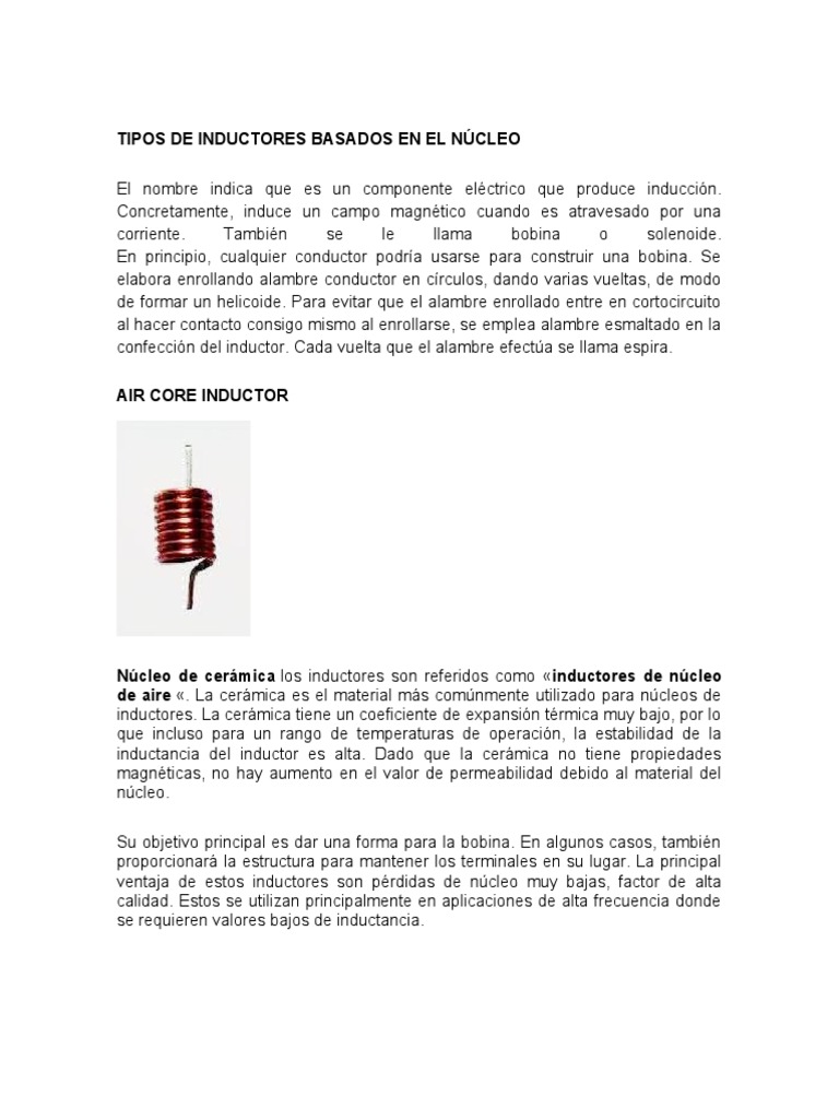 Tipos de inductores basados en el núcleo y sus aplicaciones | PDF | Inductor | Inductancia