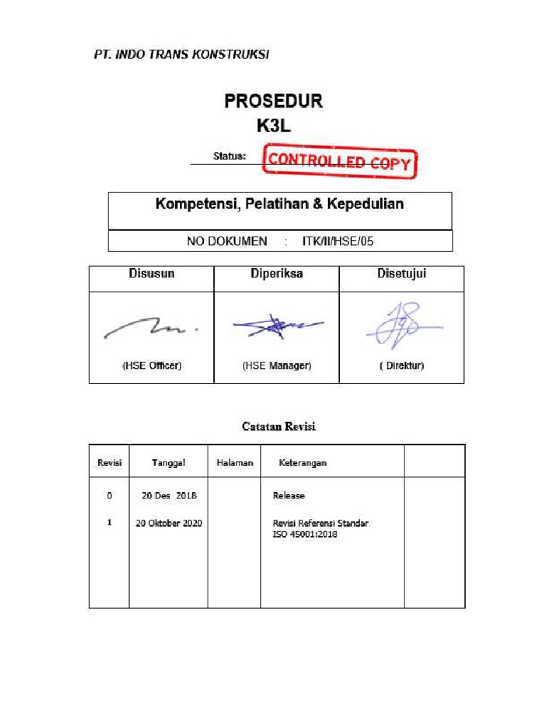 Prosedur Pelatihan K3L PT ITK | PDF