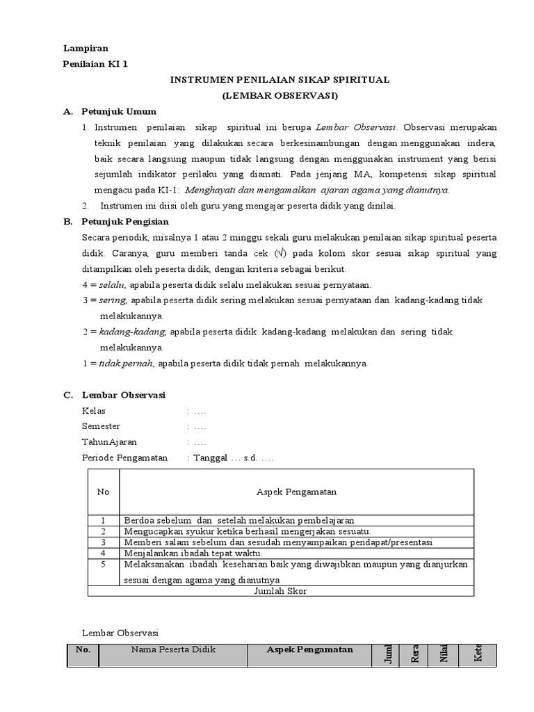 Lampiran RPP Penilaian KI1, KI2, KI3 Dan KI4 | PDF