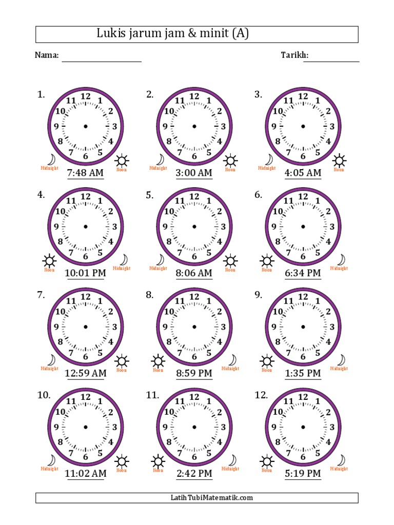 Lukis Jarum Jam & Minit (A) : Nama: Tarikh | PDF