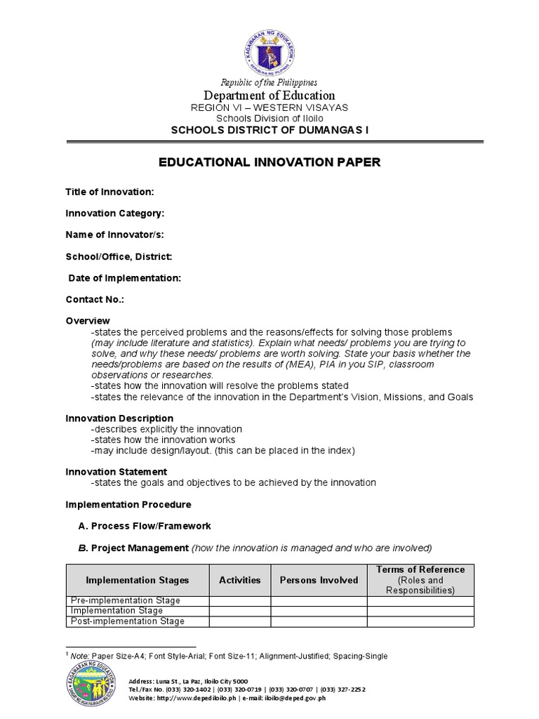 Innovation Proposal Template Dumangas I | PDF | Innovation | Cognition