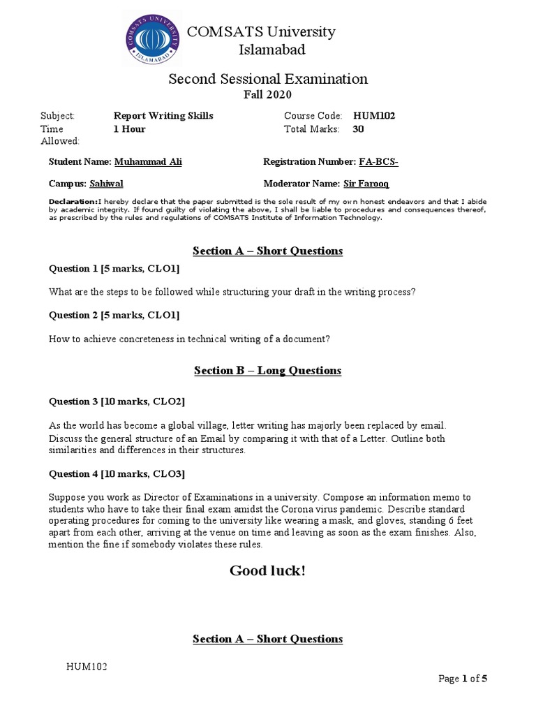 COMSATS University Islamabad Second Sessional Examination: Fall 2020 | PDF | Sentence ...