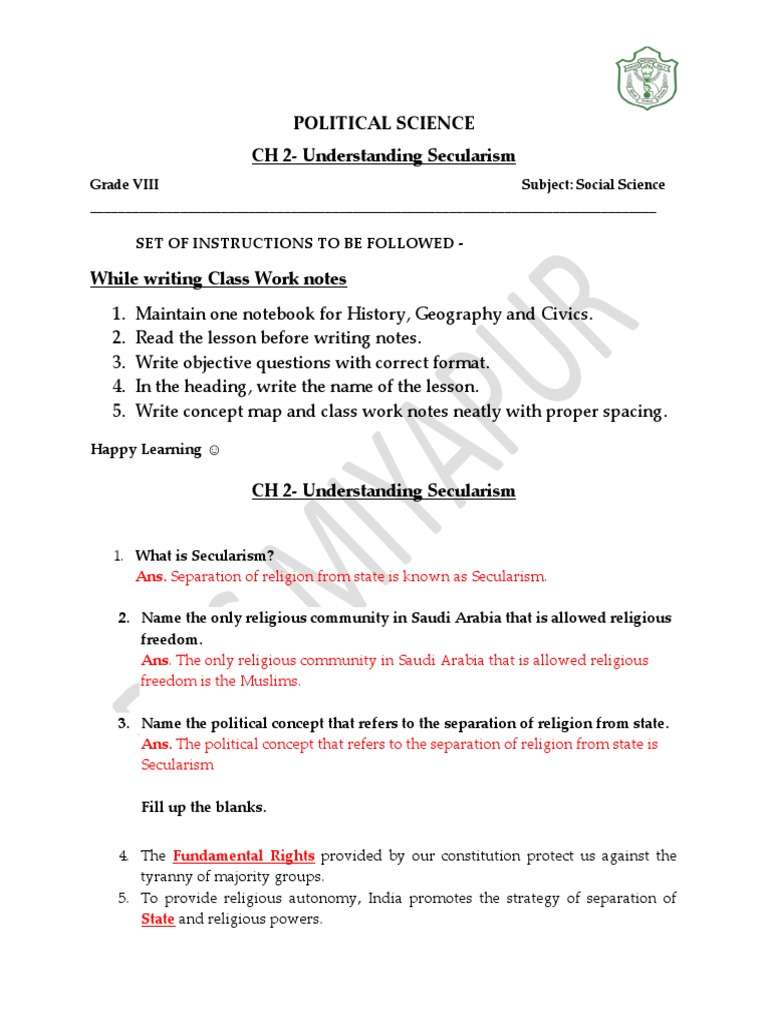 Instructions and Notes For The Lesson - Understanding Secularism | PDF ...