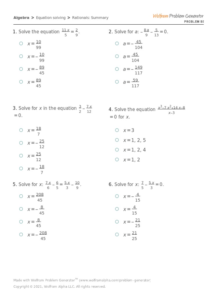WolframProblemGenerator RationalEquationSummaryQuiz | Download Free PDF ...