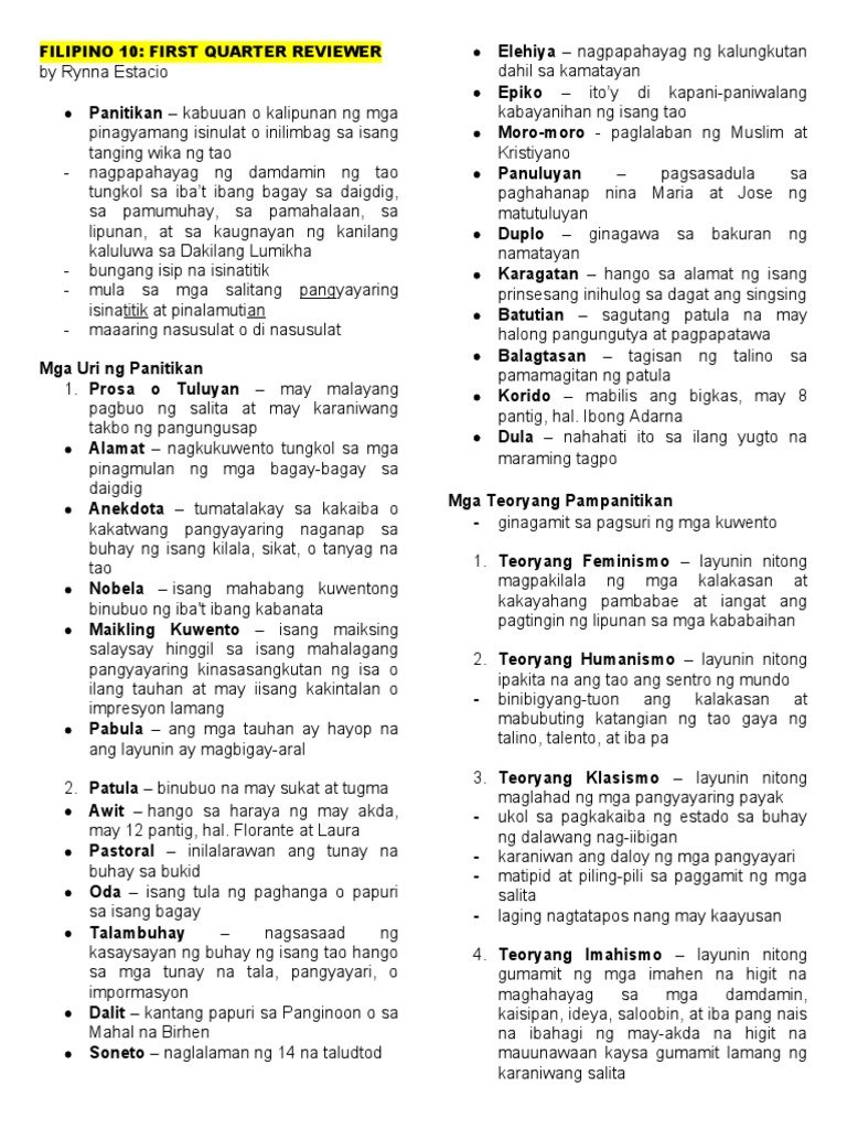 Filipino - 1st Quarter Reviewer | PDF