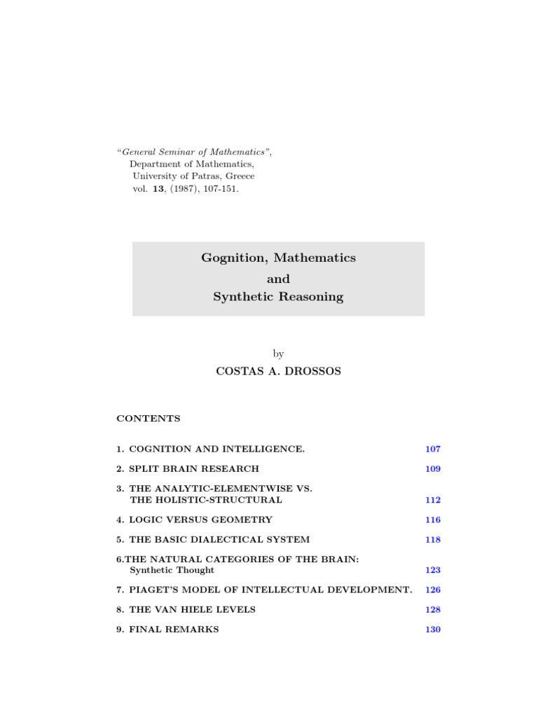Cognition, Mathematics and Synthetic Reasoning: Exploring the ...