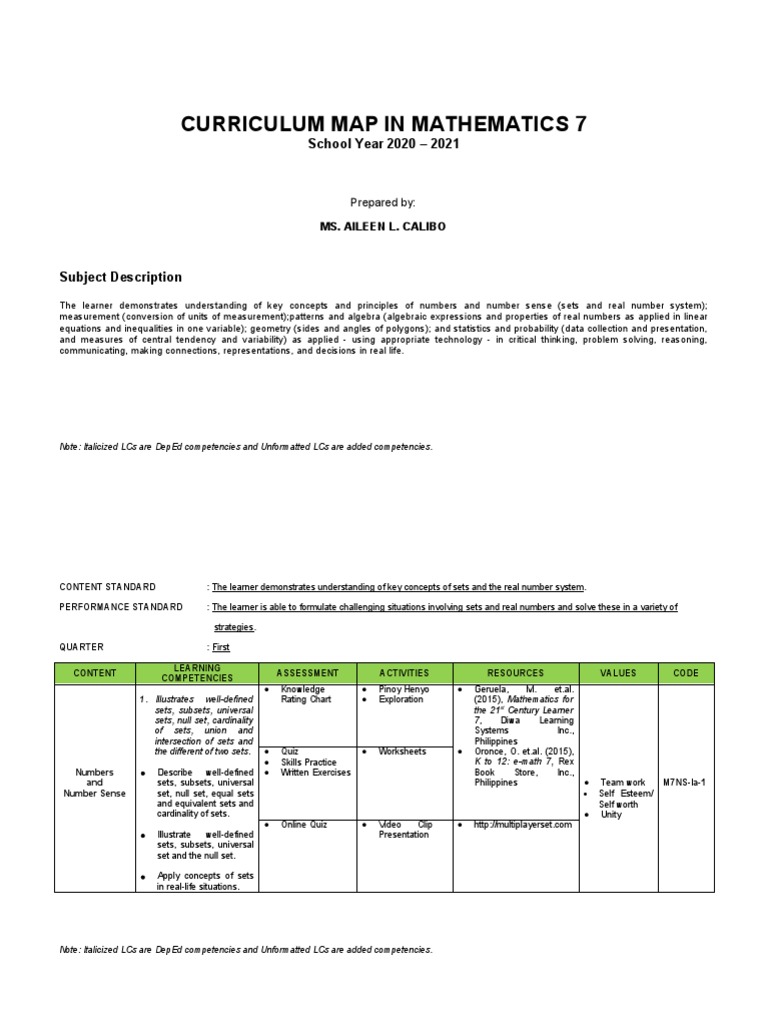 Curriculum Map in Mathematics 7: School Year 2020 - 2021 | PDF ...